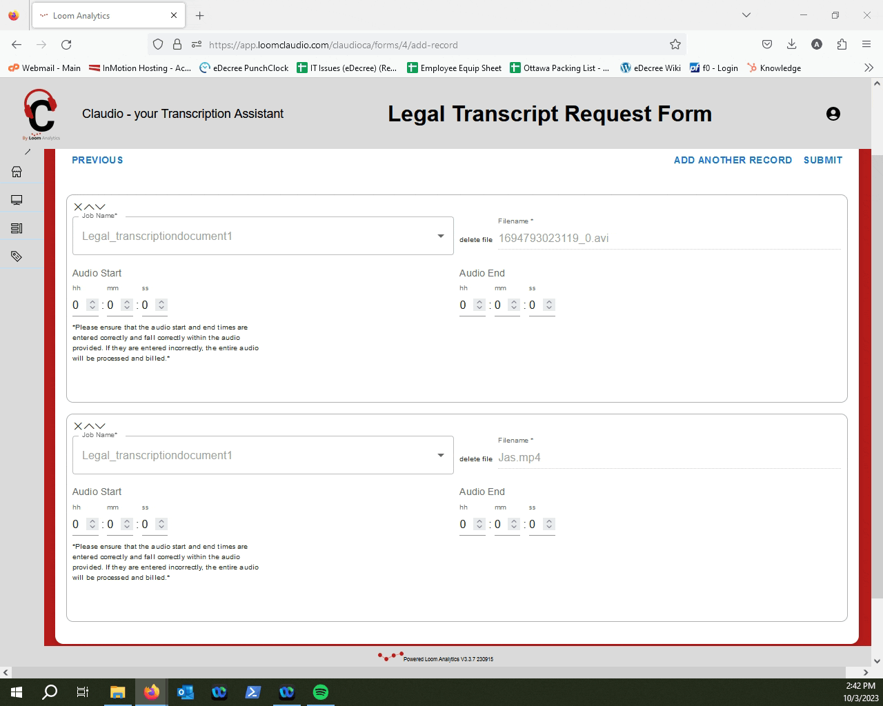 How does the Claudio Advanced Transcript Request form work?